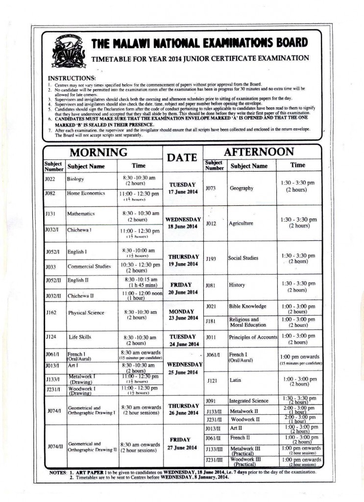 Malawi School Certificate of Education (MSCE) examination timetable ...