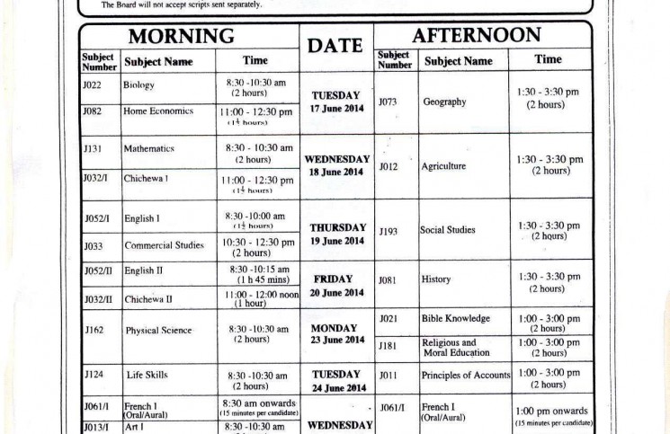 Malawi School Certificate of Education (MSCE) examination timetable ...