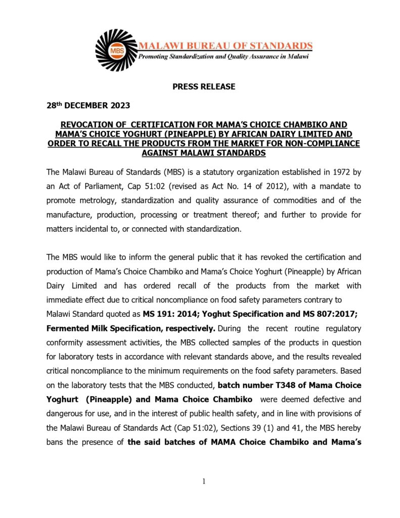 MBS says MAMA’s Choice Chambiko not fit for consumption – Face of Malawi