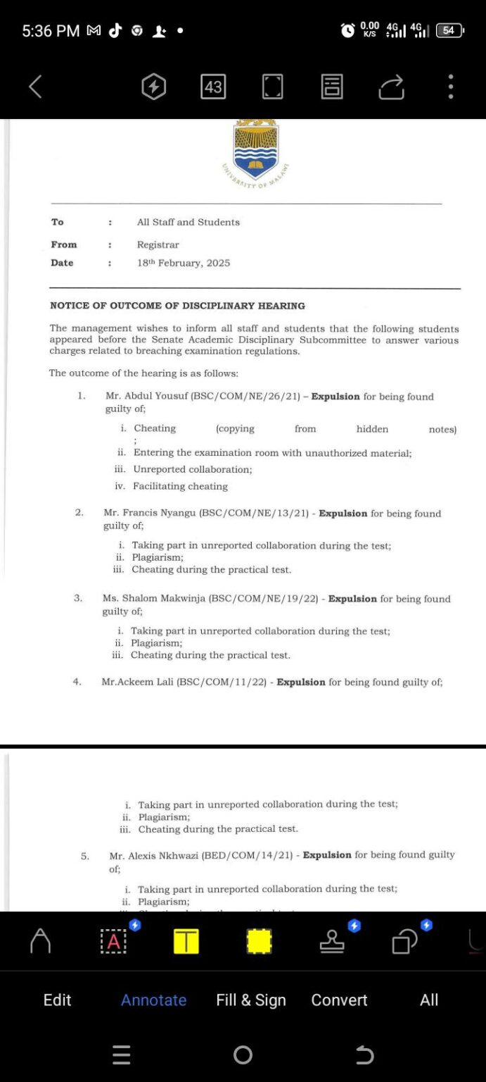 UNIMA Expels 20 Students Over Exam Misconduct – Face of Malawi