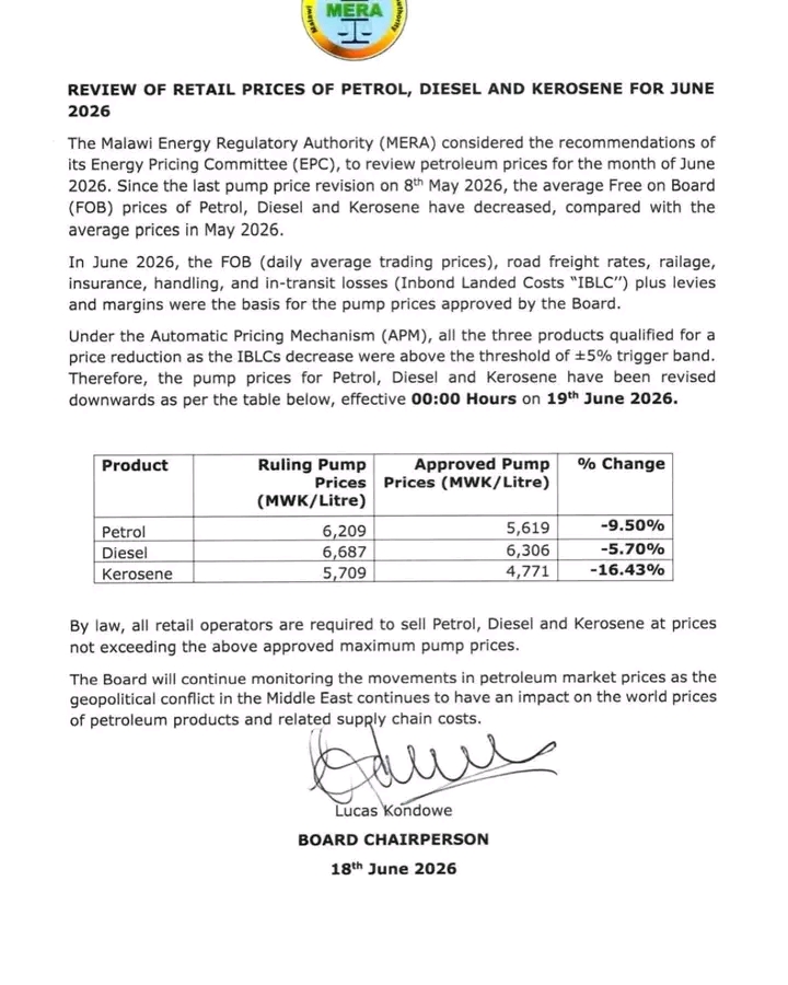 MERA Slashes Petrol, Diesel and Paraffin Prices – Face of Malawi